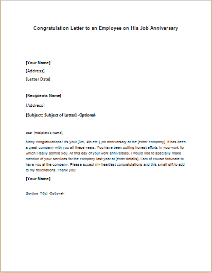 Employee Job Anniversary Congratulation Letter Writeletter2