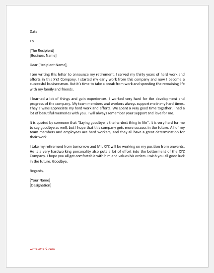 Announcement Letter about Your Own Retirement – writeletter2.com