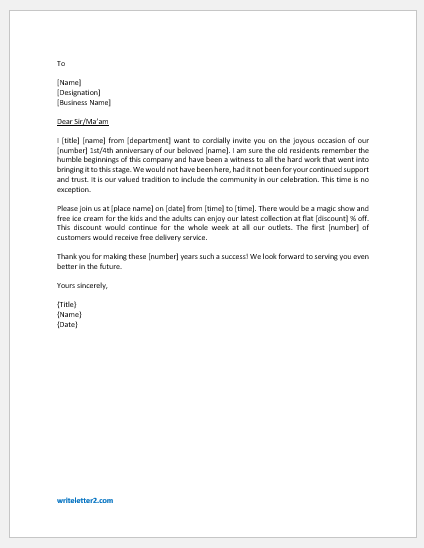 Business Anniversary Announcement Letter To Customers
