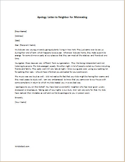Apology Letter To Neighbor For Mistreating Download