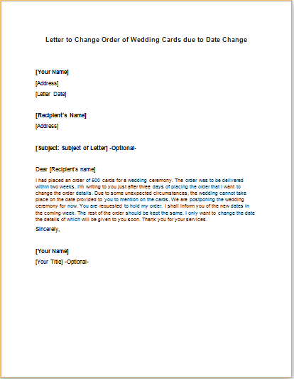Letter to Change Order of Wedding Cards due to Date Change ...
