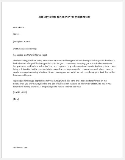 Apology Letter to Teacher for Misconduct | writeletter2.com