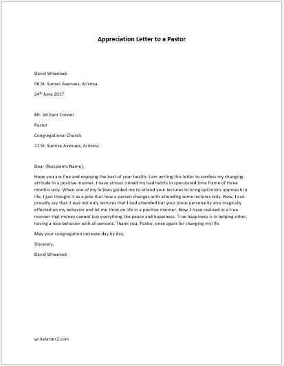 Appreciation Letter to a Pastor TEMPLATE | writeletter2.com