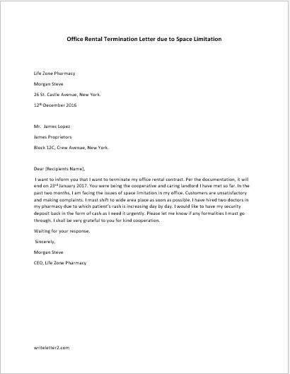Office Rental Termination Letter due to Space Limitation