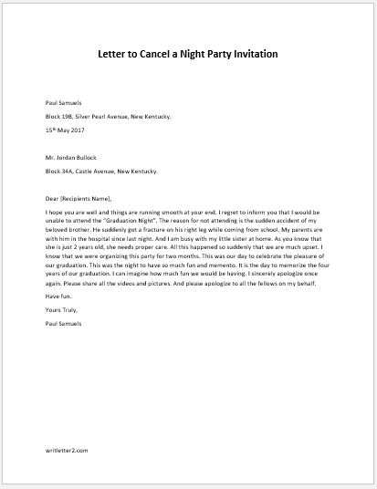 Letter to Cancel a Night Party Invitation | Download