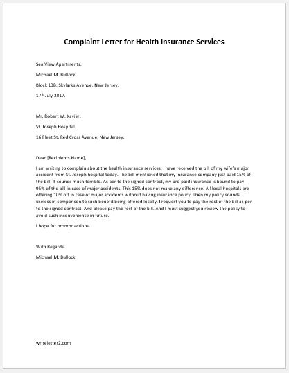 Complaint Letter for Health Insurance Services – writeletter2.com