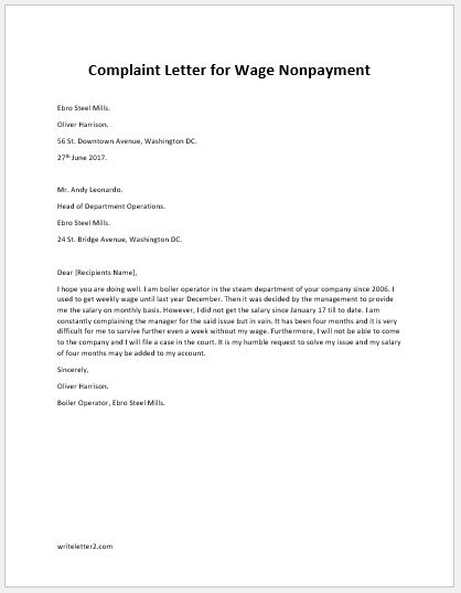Complaint Letter for Wage Nonpayment | writeletter2.com