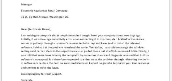 Defective Product Complaint Letter to Company | Download