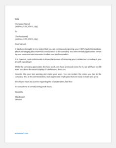 Warning Letter for Ignoring Lawful Instruction | Download
