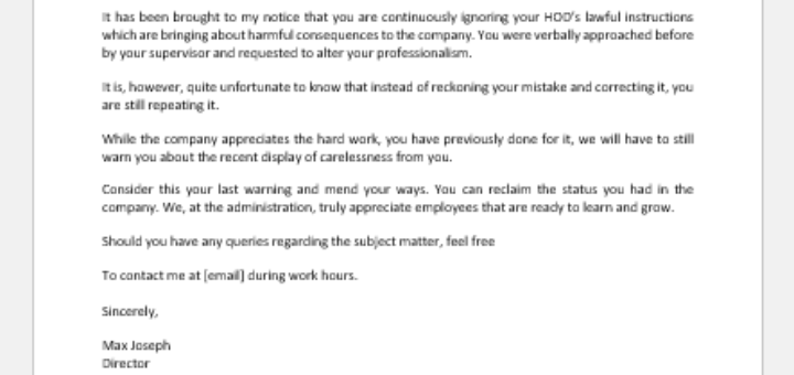 Warning Letter for Leaving Work Premises without Permission