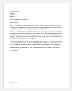 Letter to Staff Informing to Maintain Cleanliness | Free