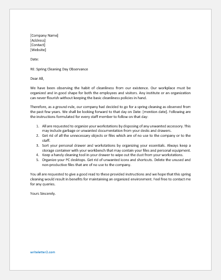 Memo To Staff For Office Spring Cleaning Writeletter2
