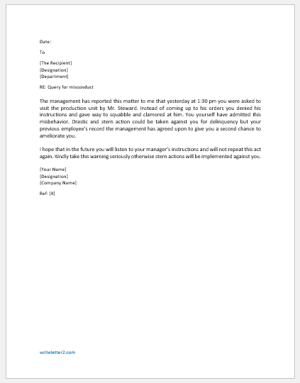 Query Letter To Employee For Misconduct Writeletter2