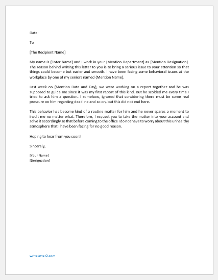 Letter Of Concern About Colleague s Behavior Download