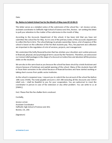 Letter For School Fee Payment Download Writeletter2