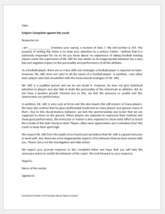 Complaint Letter to Principal about Sports Coach | Download
