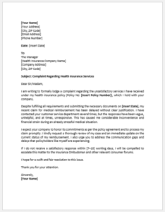 Complaint Letter for Health Insurance Services | Downloa